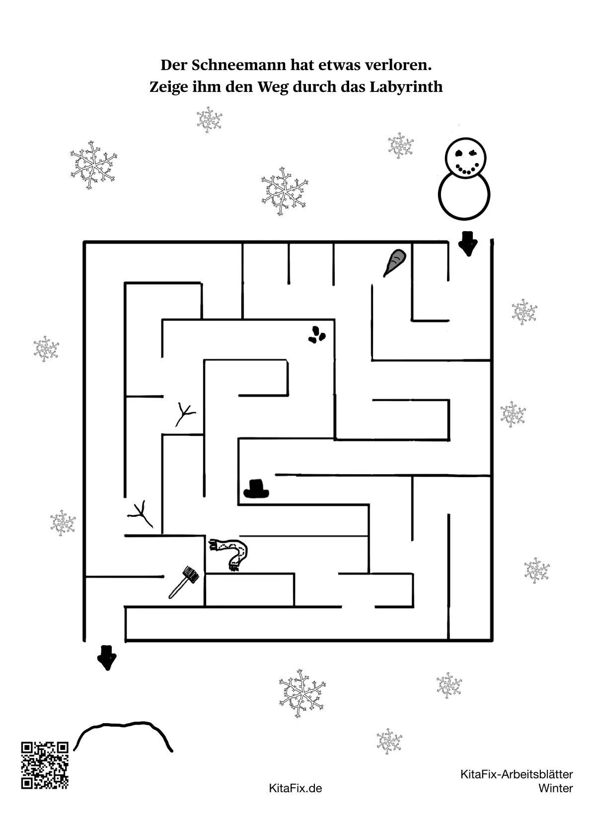 Der Schneemann hat etwas verloren. Zeige ihm den Weg durch das ...